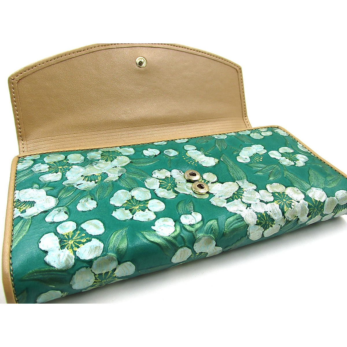 ArtsEye Peach Blossom Embossed Genuine Leather Trifold Wallet (Green)