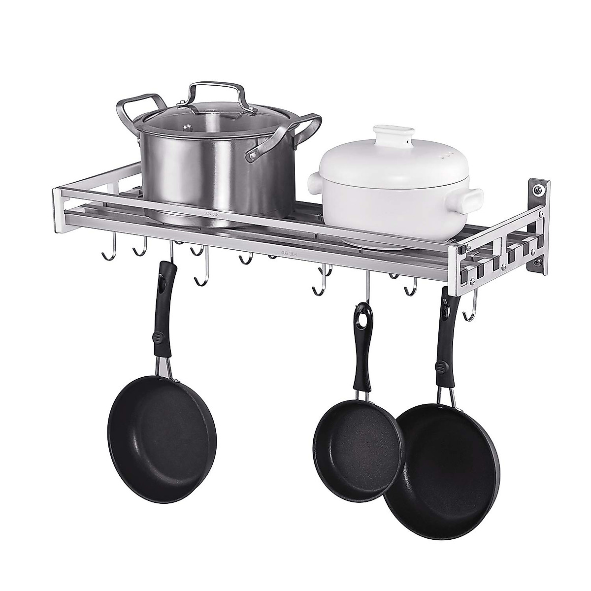 istBoom Wall Mounted Pot Holder Pan Organizer with 16 Hooks, Stainless Steel Kitchen Wall Pots and Pans Rack, Heavy Duty, Modern Slat Design (24'' by 9 1/2")