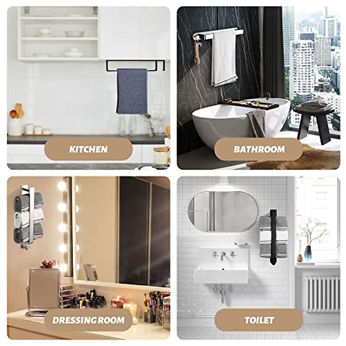 BestYiJo Tower Rack Self Adhesive Tower Bar, Thicken Stainless Steel Tower Holder for Bathroom Wall Mounted, Bathroom Towel Storage, Bathroom Accessories Tower Hanger with Hook (Silver)