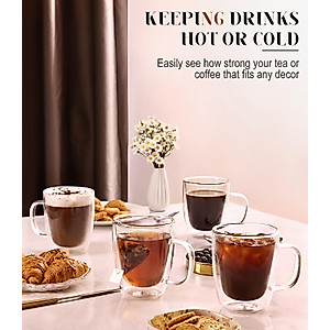 OJA Double Walled Coffee Mugs Set of 4-12.5oz Clear Coffee Cup with Handle for Cappuccino, Tea Bag, Latte Espresso Americano - Insulated, Heat Resistant Beverage Glasses Borosilicate Glass