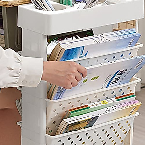 Movable Bookshelf, Rolling Utility Cart Multifunctional Storage Trolley, Multilayer Capacity Bookshelves Organizer, Rotatable Removable Plastic Rolling Organization Shelf
