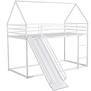 Harper & Bright Designs Twin Over Twin House Bunk Bed with Slide and Ladder, Metal Low Bunk Bed Frame for Kids Girls Boys - White
