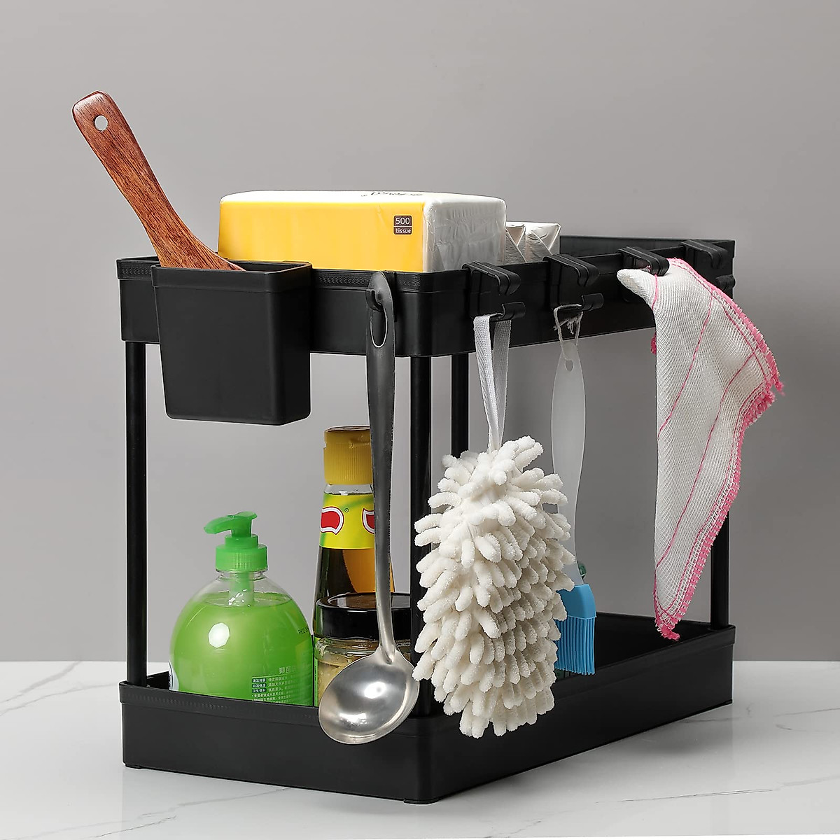 Gaupuncher Under Sink Organizer, 2 Tier Bathroom Organizer, Under Sink Cabinet Organizer with 8 Hooks and 1 Baskets Multipurpose Under Sink Shelf Organizer for Bathroom Kitchen Office (Black)