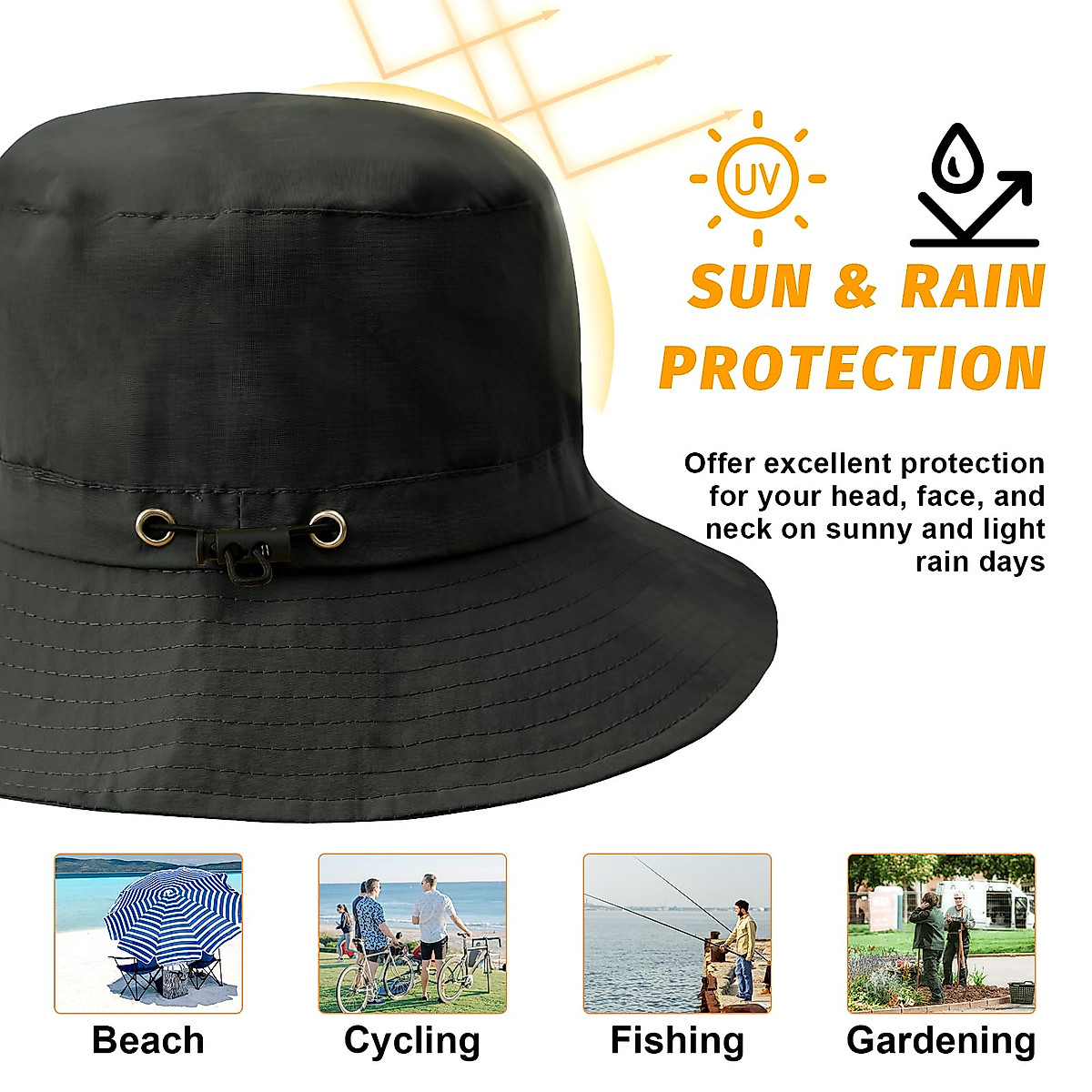 MIDNIGHTSUN Waterproof Bucket Hat Women Packable Outdoor Fishing Hat Lightweight Men UV Protection Summer Sun Hat （Black, One Size
