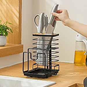 LINFIDITE Knife Block Holder Pot Lid Rack Cutting Board Organizer Holder Drying Rack with Draining Tray Kitchen Countertop Cabinet Pantry Bakeware Cookware Storage Stand Black