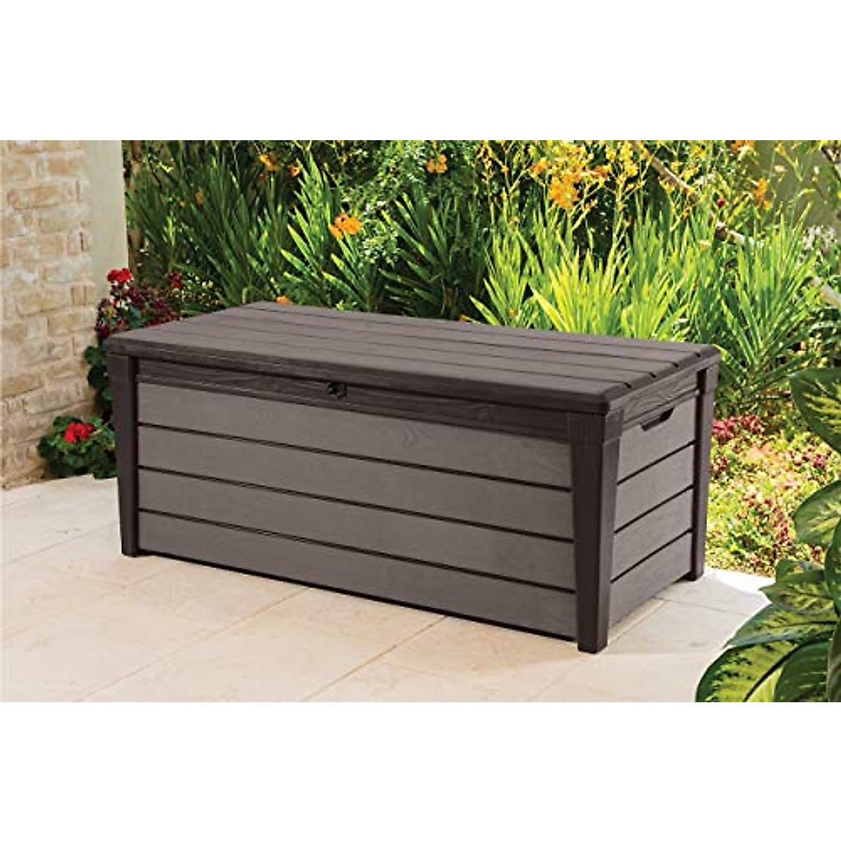Keter Brushwood 120 Gallon Resin Large Deck Box for Patio Garden Furniture, Outdoor Cushion Storage, Pool Accessories, and Toys, Brown