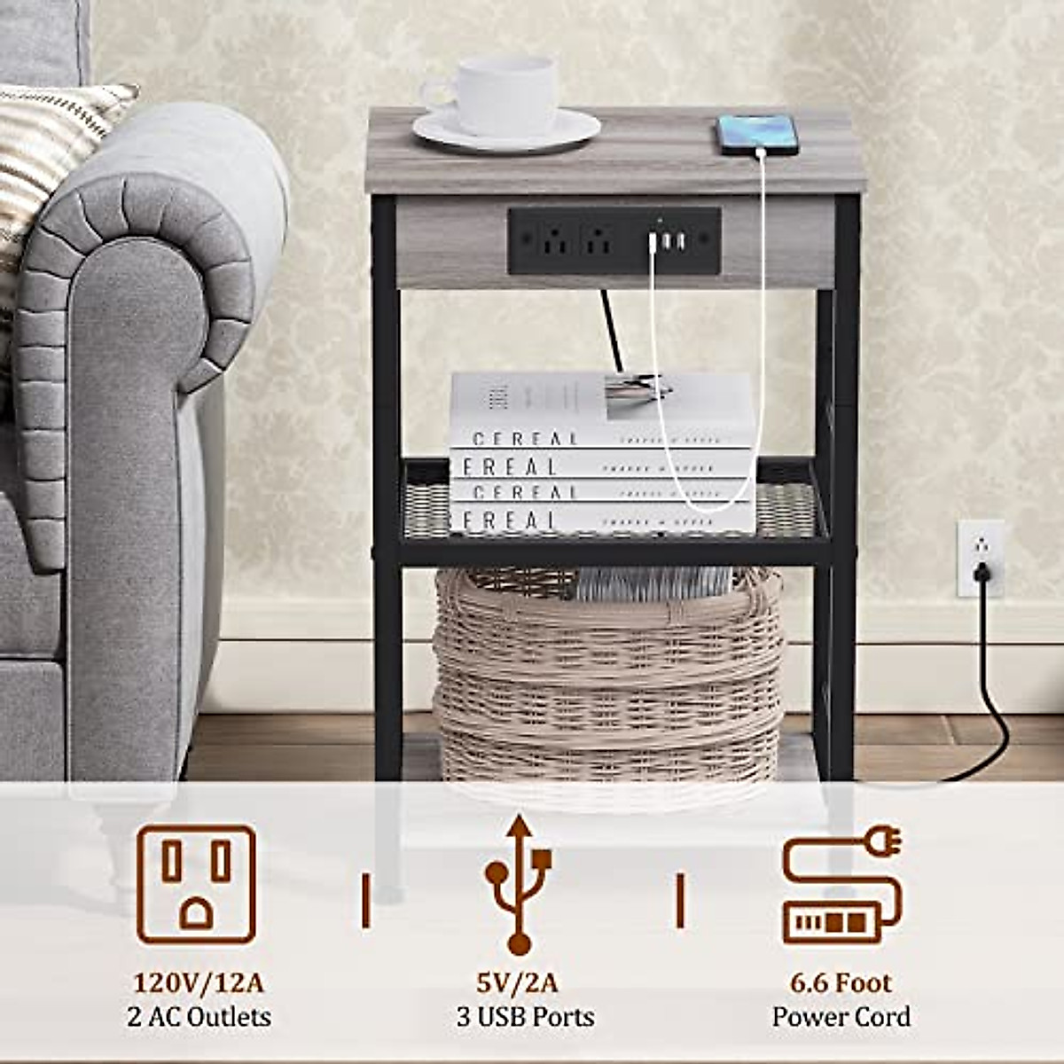 NORCEESAN Nightstand with Charging Station End Table with USB Ports and Power Outlets Side Tables Bedroom with Storage Shelves Industrial End Table 3 Tier (Grey)