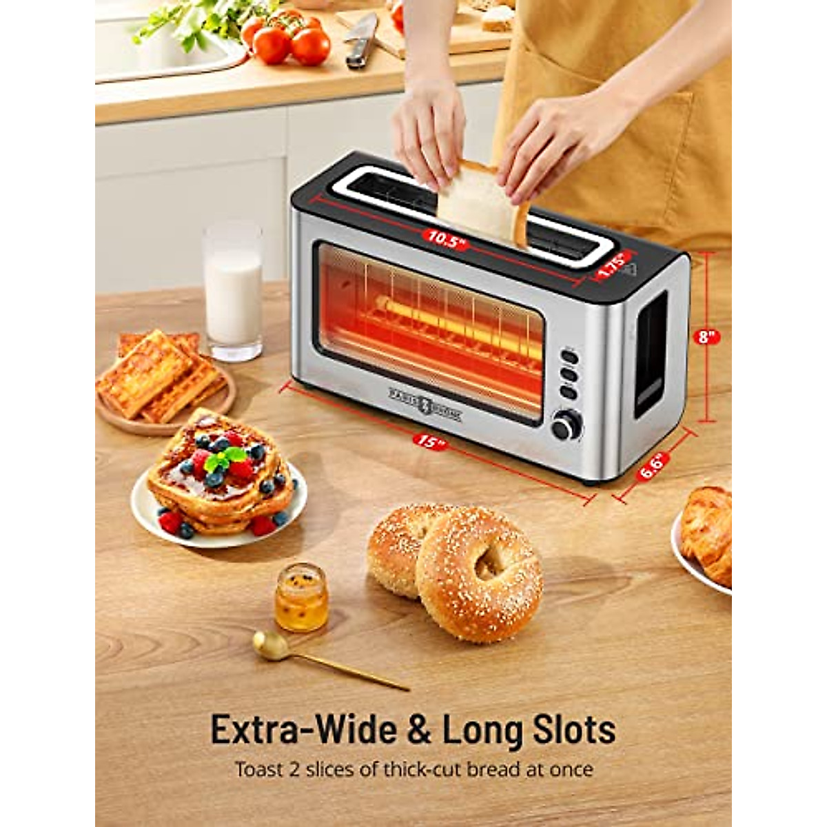Toaster, Paris Rhône Toaster 2 Slice Extra Wide Long Slot Retro Toaster with Easy View Window, 6 Browning Levels, Easy to Clean, Auto Shutoff, Stainless Steel Silver Toaster for Bagels, Waffles (Silver)