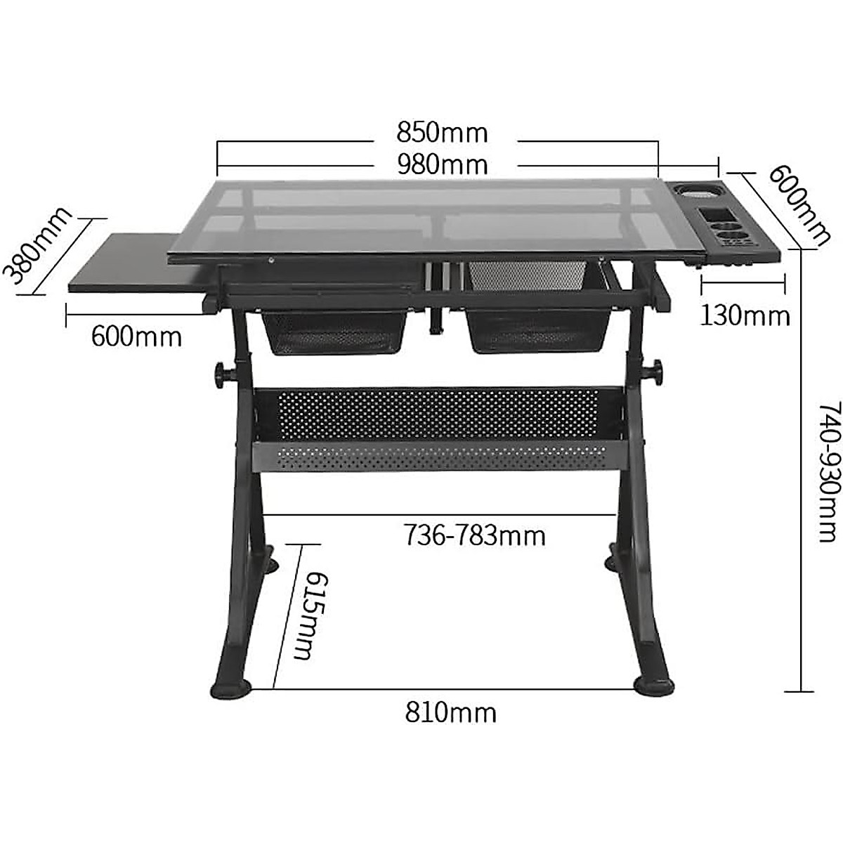 XiVue Adjustable Glass Drafting Table,Versatile Art Study Table,with Storage Drawers,Art Studio Design Sketching Painting Work Station