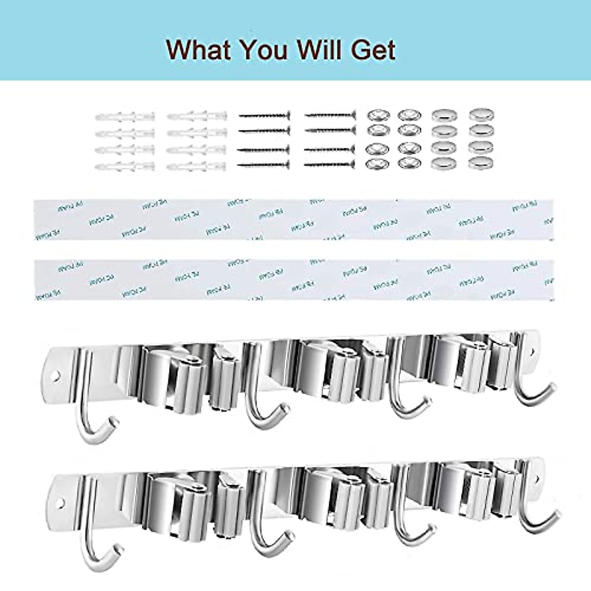 Nlmyt 2Pcs Broom Holder Wall Mount, Broom Organizer Wall Mount, Stainless Steel Mop Holder, Broom Hanger, Heavy Duty Broom Rack for Home, Garage, Garden, Laundry Room (3 Racks 4 Hooks)