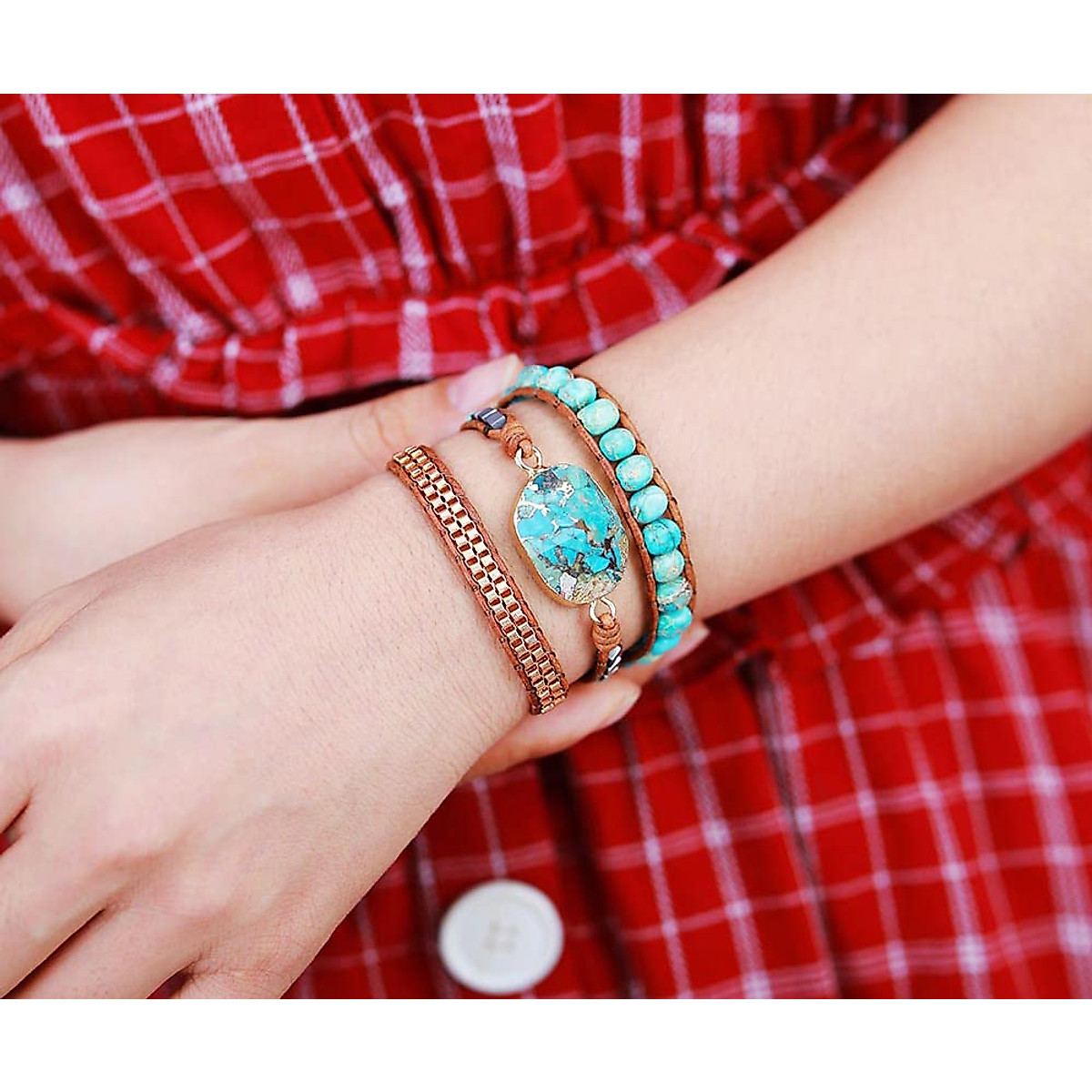 ZOSOJONA Women Wrap Bracelets Boho Natural Stone Jasper Turquoises Strand Bracelet Jewelry Collection (Gold Turquoise)