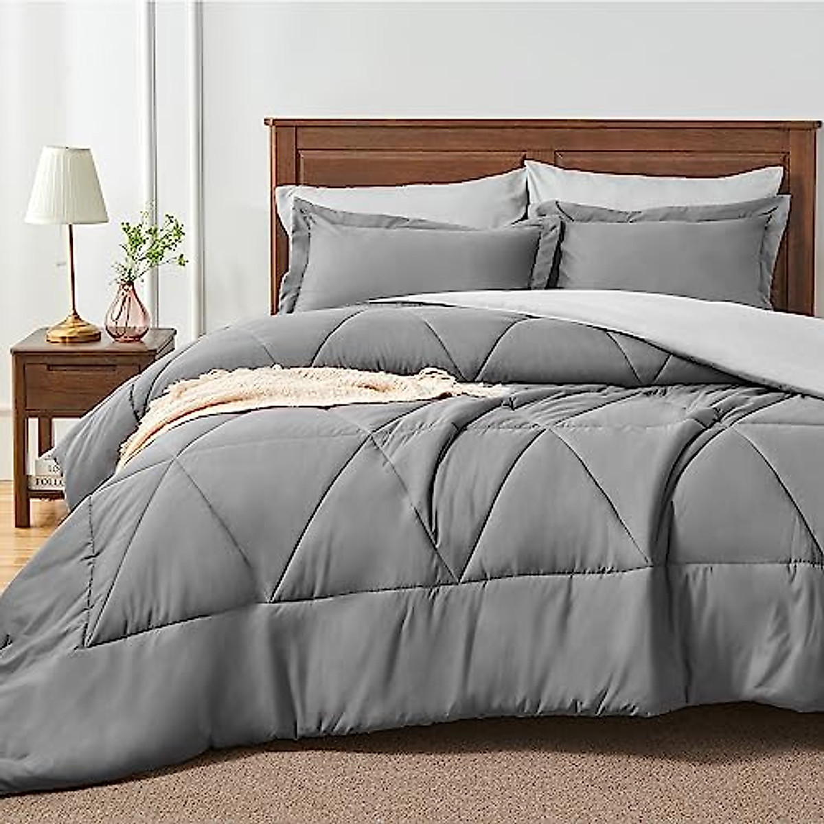 BEDELITE Twin XL Comforter Set 5 Pieces Bed in A Bag - Soft Microfiber Reversible Twin Extra Long Grey Bed Set with Comforters, Sheets, Pillowcase & Sham, Cozy Luxury Bedding Sets for All Season