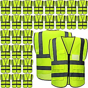 30 Pack High Visibility Safety Vests with Pockets and Zipper Mesh Reflective Construction Vest for Men Women, Breathable Neon Working Vest for Traffic Work Outdoor Running Cycling at Night