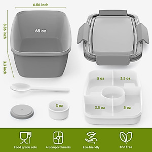 Cherrysea Salad Lunch Container, 68oz Salad Bowls with 4 Compartments Tray,Leak Proof Lunch Box with Fork for Men,Women BPA-Free Snack Container with Sauce Container for Dressings-Grey