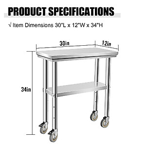 Hasopy Stainless Steel Table for Prep & Work 30 x 12 Inches with Caster Wheels, NSF Commercial Heavy Duty Table with Undershelf and Galvanized Legs for Garage Restaurant Home and Hotel