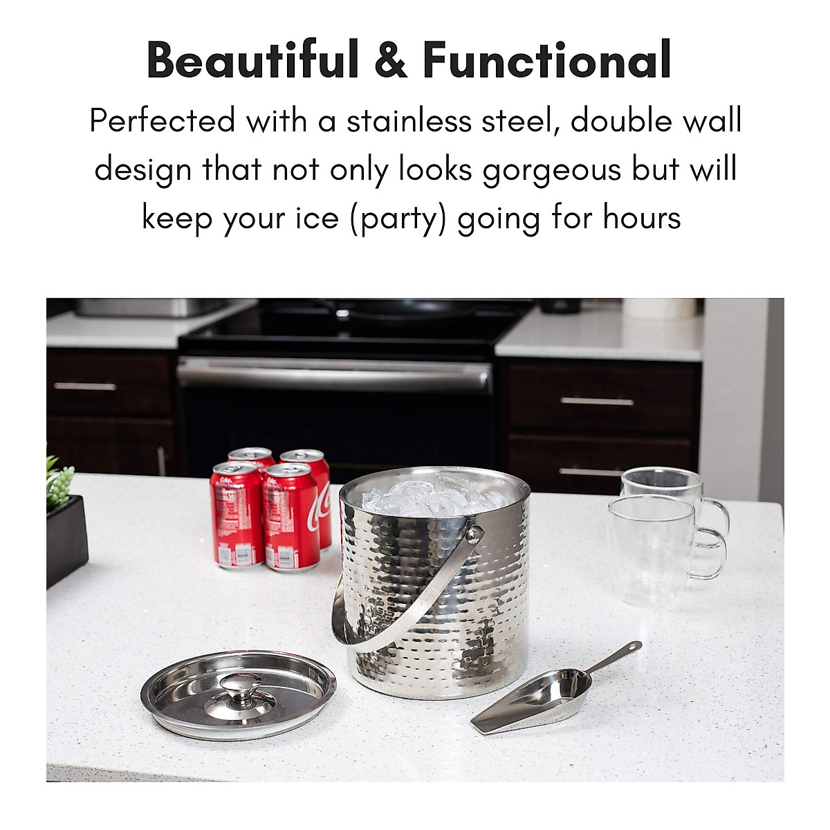 BirdRock Home Ice Bucket with Scoop & Lid - 2.8 Liter Hammered 18/8 Stainless Steel Container for Bar - Double Wall Insulated Bucket with Carrying Handle - Great for Parties - (Silver)