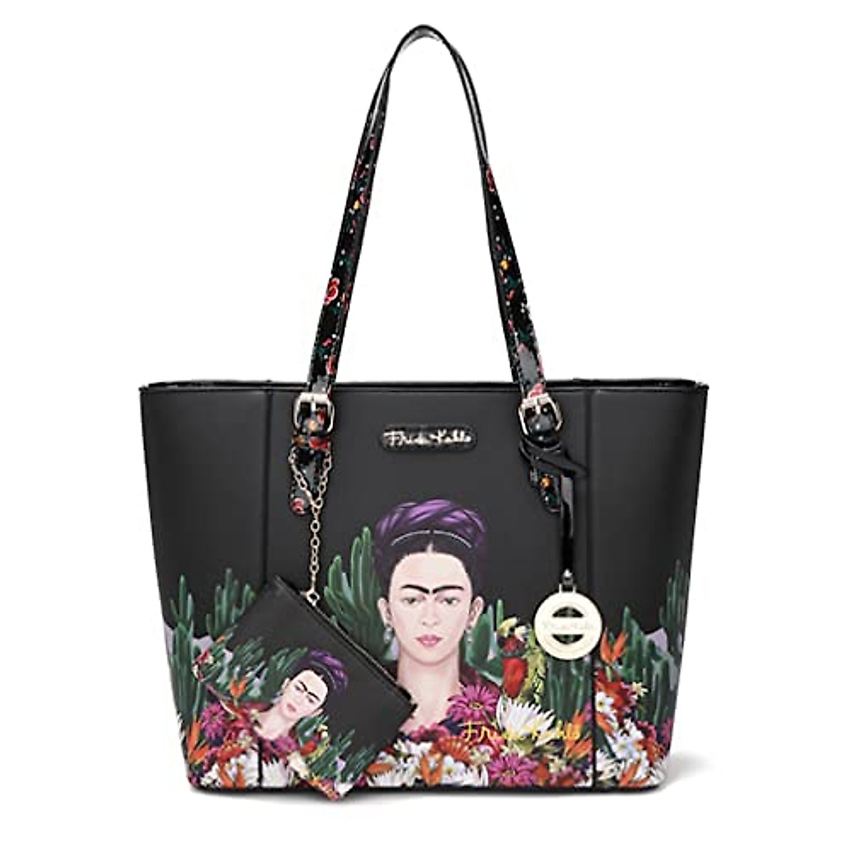 Frida Kahlo Faux Leather Large Tote Style Handbag (Black/Black)