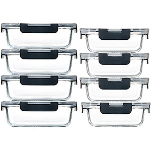 YANGNAY 8 Pack Glass Food Storage Containers, Glass Meal Prep Containers with Airtight Lids, Dishwasher/Freezer Safe Glass Containers, 2 sizes