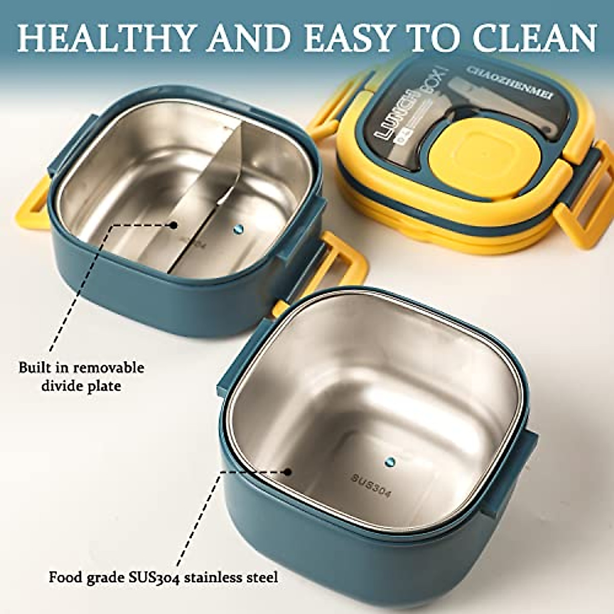 Stackable Lunch Container for Adults with 45oz Stainless Steel Salad Container for Lunch Bento Box, Leak-Proof Durable All-in-One Lunch Box Built In Divider, Spoon, Dressing Container (Blue)