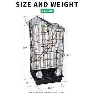 HCY 39 Inches Bird Cage Roof Top Large Flight Parrot Bird Cage with Toys for Medium Small Birds, Lovebirds, Finch, Cockatiel Parakeets, Parrot, Iron Bird Cage, Black, 17x14x39 Inch (Pack of 1)