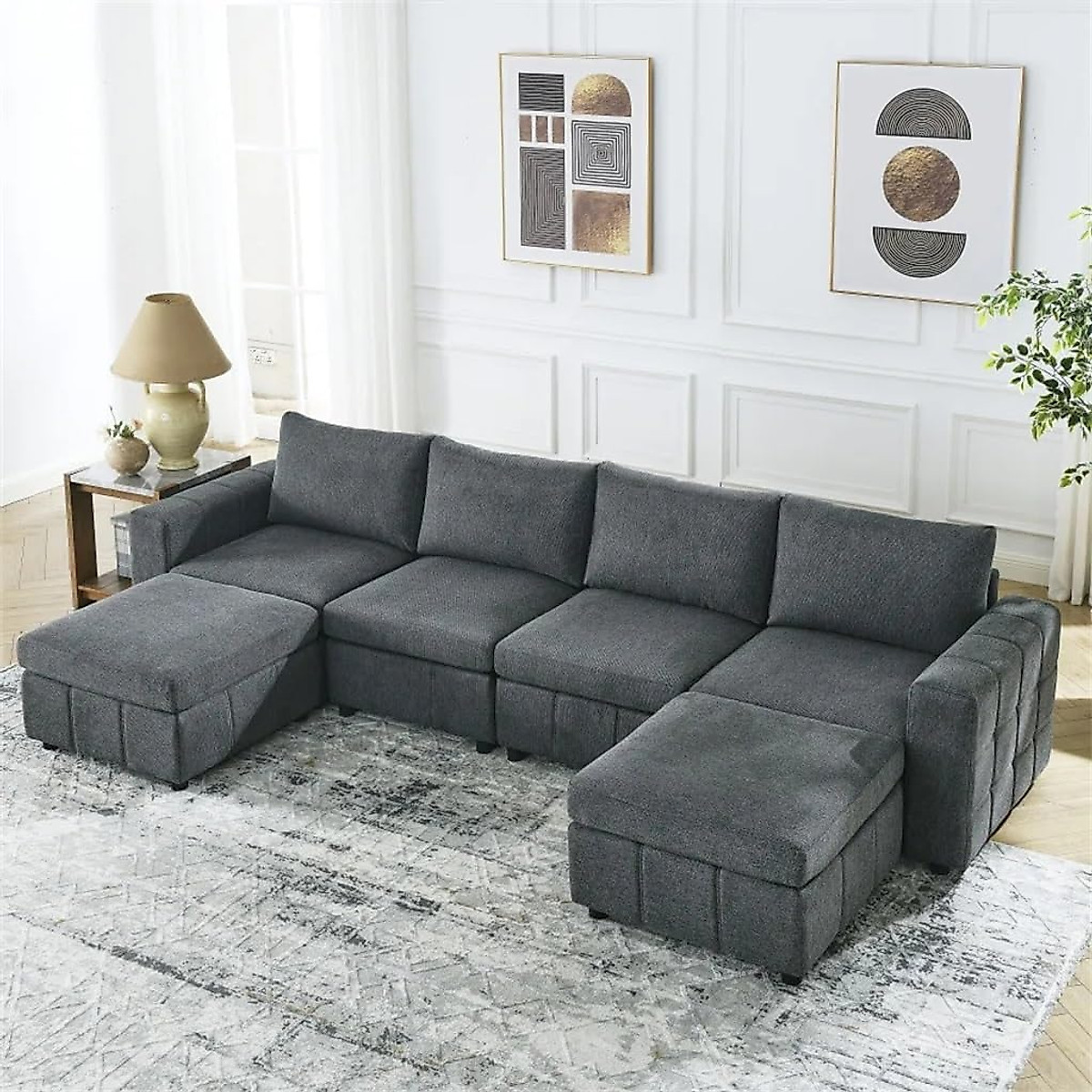 FANCUF Upholstered Modular Sofa, U-Shaped Sectional Sofa Sets for Living Room Apartment(4-Seater with 2 Ottoman)