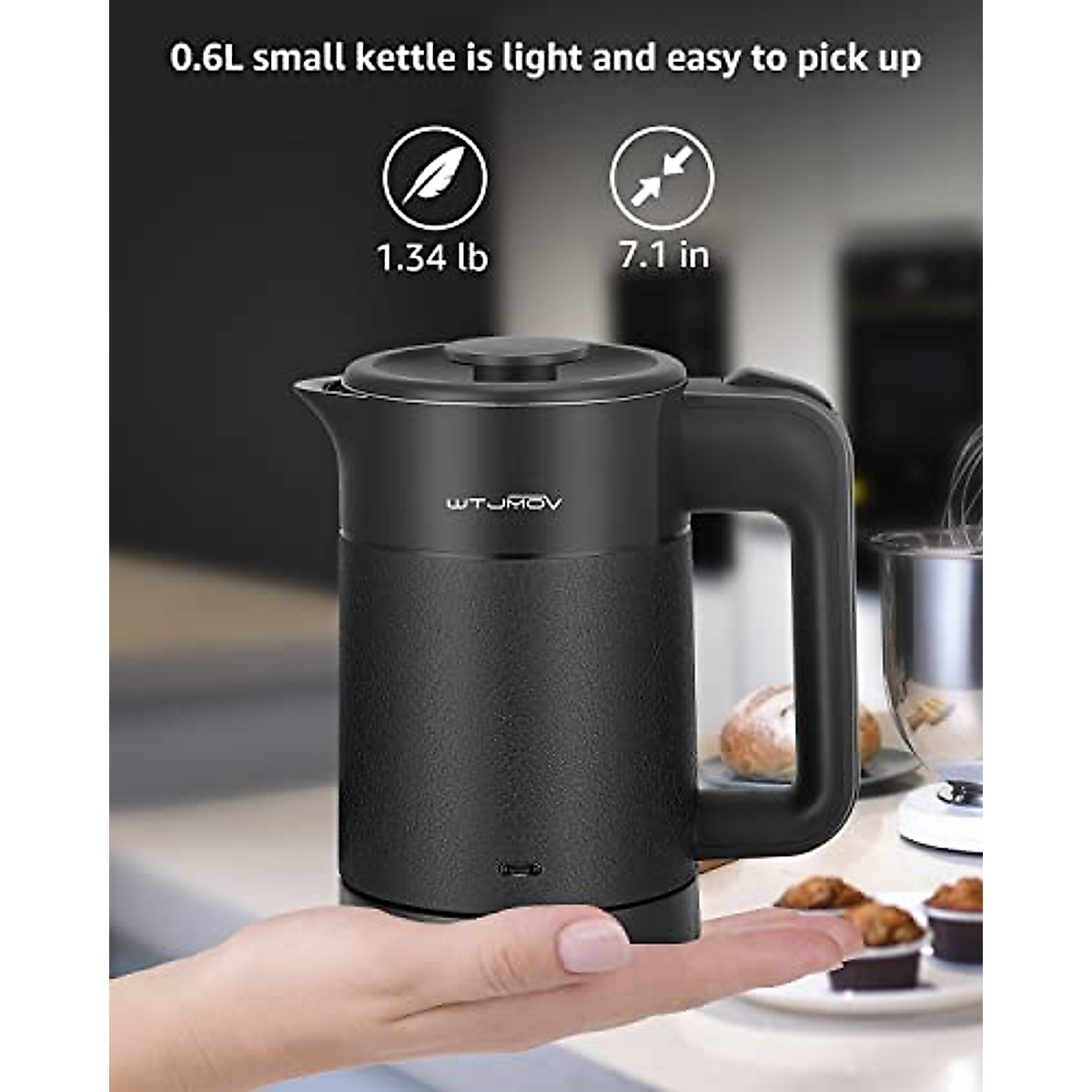 WTJMOV 0.6L Small Electric Tea Kettle Lightweight, Double Wall Hot Water Boiler Stainless Steel Auto Shut-off, 120V Portable Travel Electric Kettle Fast Boil for Tea and Coffee, Black