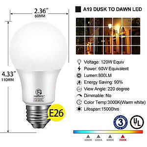 Energetic 4-Pack Dusk to Dawn LED Outdoor Light Bulb, 60 Watt Equivalent(6W), 800LM, Warm White 3000K, E26 Base, Automatic On/Off Sensor Light Bulb for Porch, Hallway, Garage, UL Listed