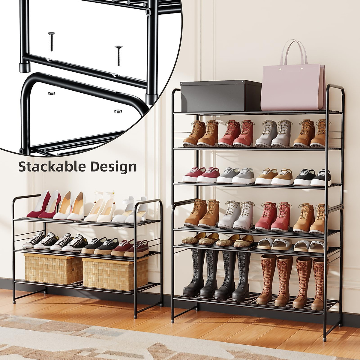 GEORIS 3 Tier Shoe Rack for Closet, Stackable & Adjustable 32" L Shoe Storage Organizer Sturdy, All Metal, Black
