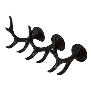 Wowser Four Point Dark Brown Deer Antler Cast Iron Wall Mount Coat Hooks, 5 1/2 Inch, Set of 3