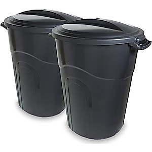 United Solutions 32 Gallon Outdoor Garbage Can, Black, Easy to Carry Garbage Can with Sturdy Construction, Pass-Through Handles & Attachable Click Lock Lid, Indoor or Outdoor Use, (Pack of 2)