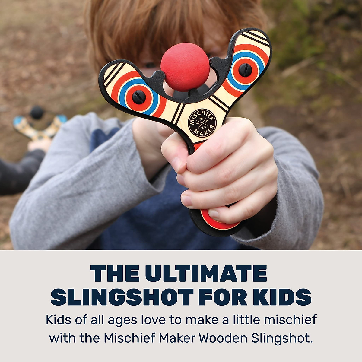 Mighty Fun! - Mischief Maker® Wooden Slingshot - Classic Series - Real Wood Slingshot for Kids, 4 Soft Foam Balls and Storage Bag - Ages 4+ (red)