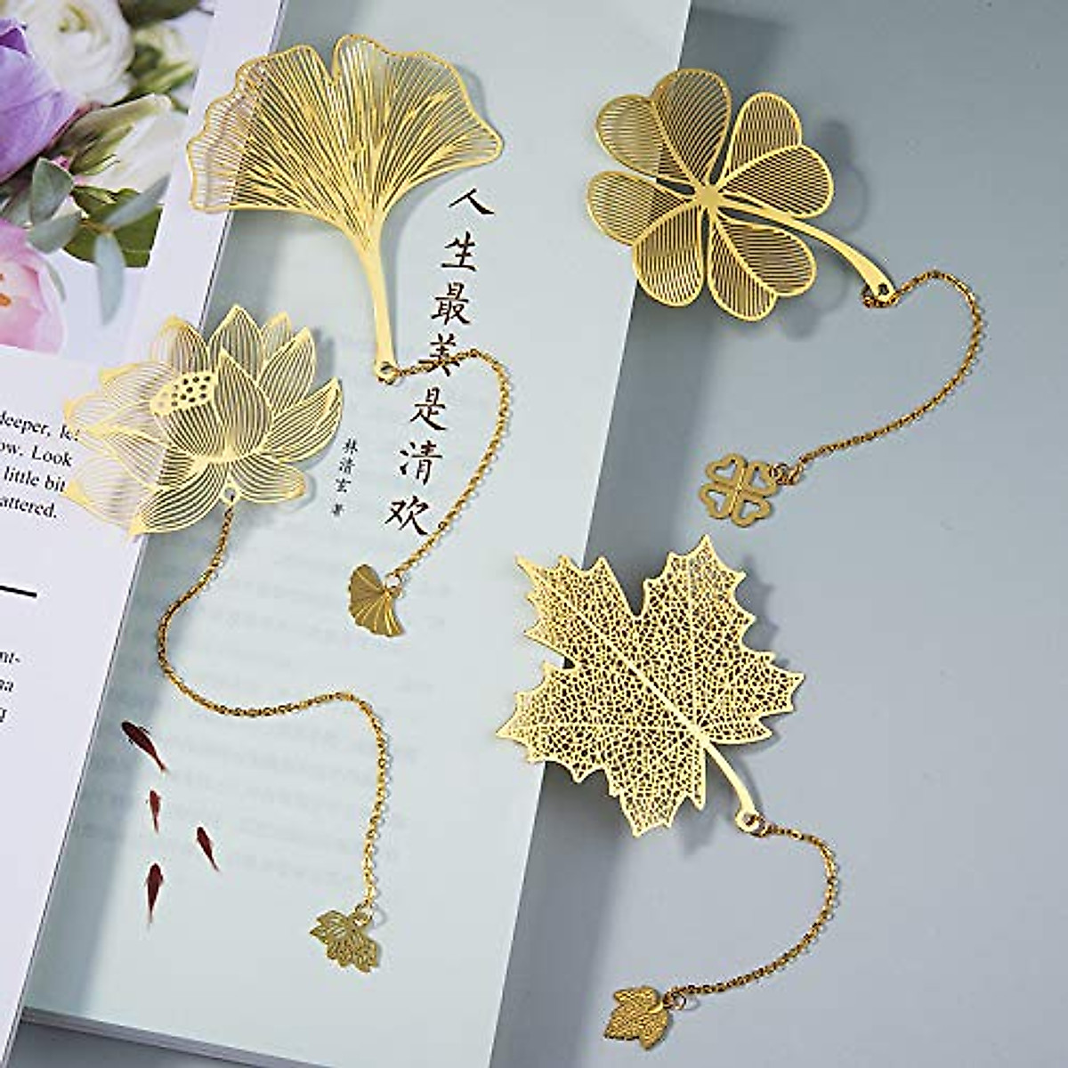 4 Pack Metal Bookmarks with Chain, Golden Hollow Bookmark for Book Lovers, Writers, Readers, Children, Teens, Men, Women, Adults