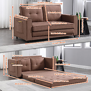 Cyranture Pull Out Sleeper Loveseat Foldable Tufted 3-in-1 Upholstered Futon Sofa Bed for Living Room Convertible Floor Couch Folding Mattres Love Seat with Side Pockets Cup Holder,Brown