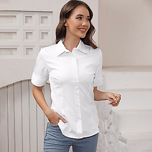 SUNNOW Womens Button Down Shirts Tailored Short Sleeve Shirt Basic Simple Stretch Wrinkle Free Formal Work Blouses White