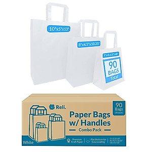 Reli. 90 Pack | Assorted Sizes White Paper Bags w/Handles | 7x3.15x8-8x4.5x10.25-10x5x13 | 30 Bags Each Size | Paper Bags Combo Pack | Retail Bags/Shopping Bags, Gift Bags