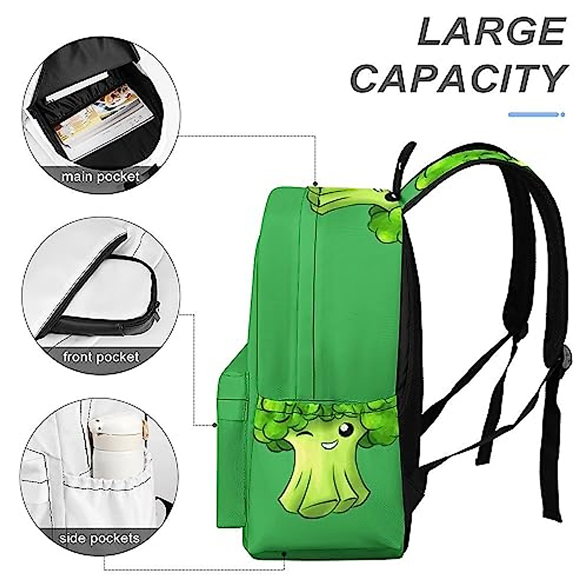 Broccoli Cartoon Laptop Backpack Printed Shoulder Bag Casual Daypack Travel Camping Work Bags