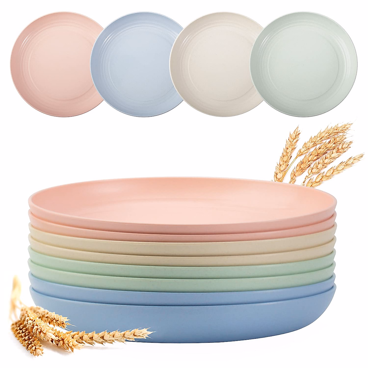 OAMCEG 8 Pack Plastic Plates Reusable 10 Inches Unbreakable Eco-Friendly Lightweight Wheat Straw Plates, Salad Plates, Camping Plates, Dinner Plates, College Dorm Room Essentials, BPA FREE