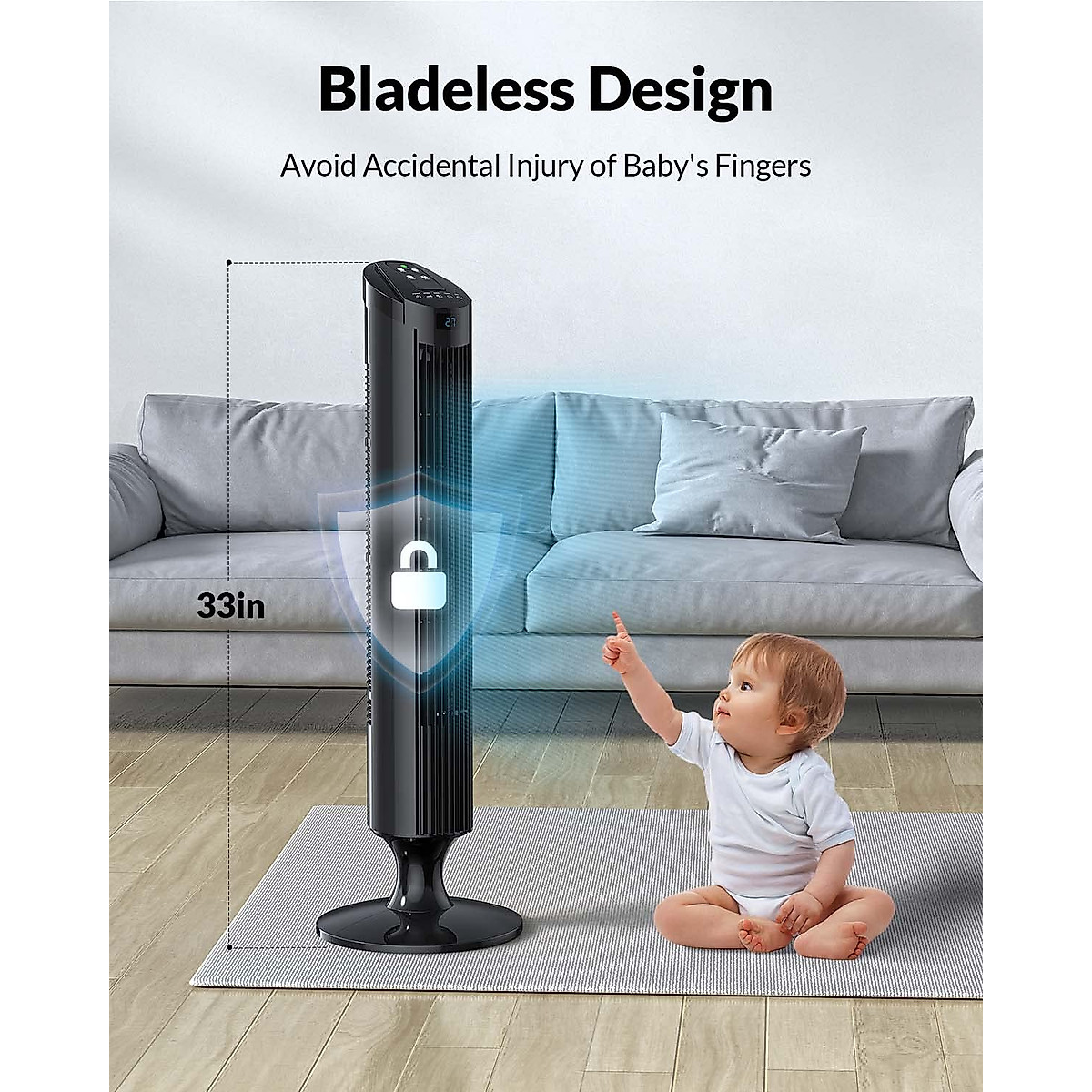 NIUVUIN Tower Fan, 33-Inch Cooling Fans That Blow Cold Air Portable Space-Saving Bladeless Fan 3 Modes 3 Speeds 12-Hour Timer 70° Oscillating Quiet Tower Fan with Remote for Bedroom and Home Office