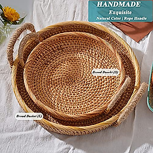 Rattan Round Serving Tray with Handle for Coffee Table Wicker Woven Small Large Bread Basket Storage Bathroom Home Decorative Tray Organizer Tabletop for Remotes, Candles, and Vase (Set of 2)