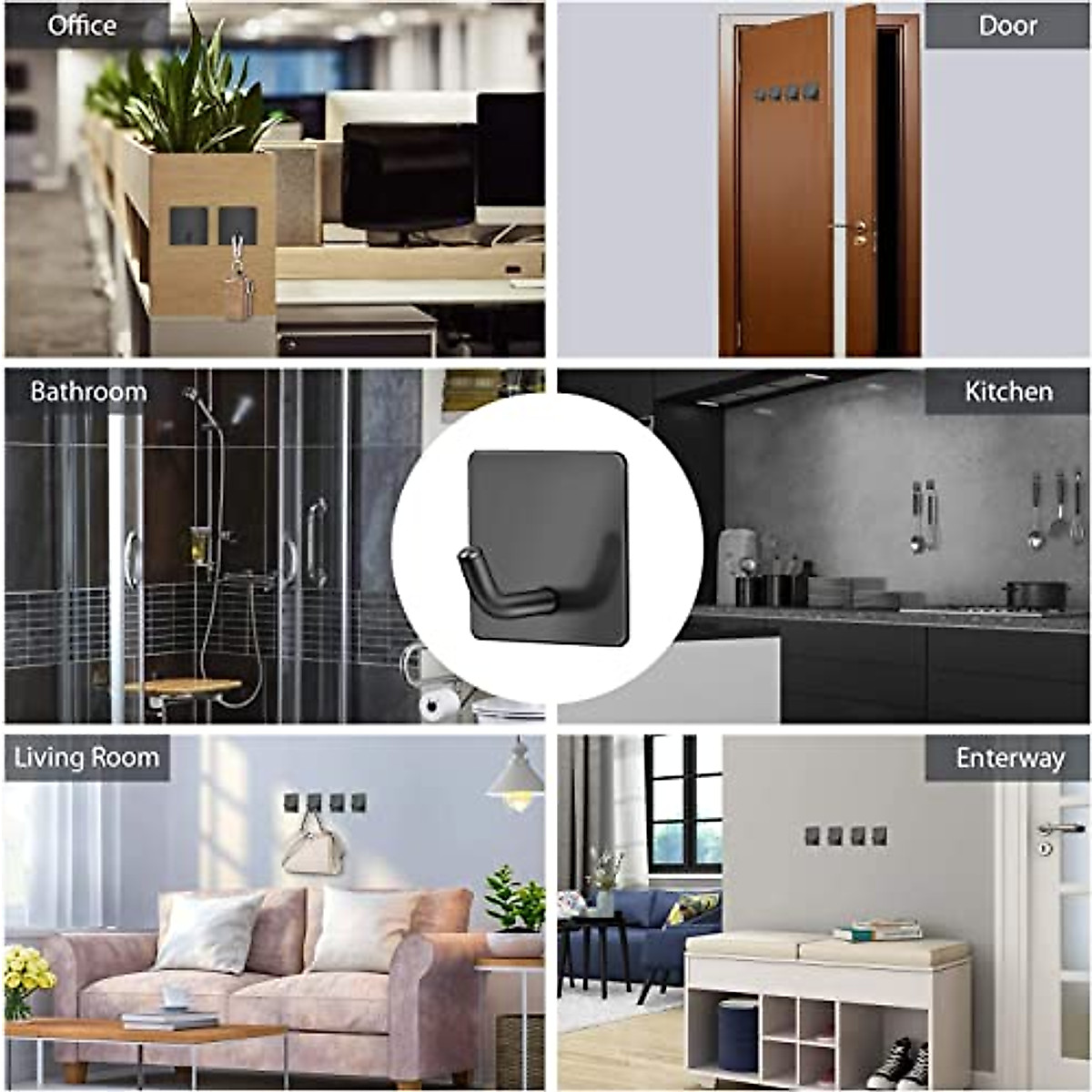 TKMENGY Self Adhesive Hooks, Stick on Hooks Holder for Tea Towel Robe Coat Kitchen Bathrooms,Stainless Steel Sticky Wall Hooks,Waterproof and Rustproof, 4 Pack (Black)