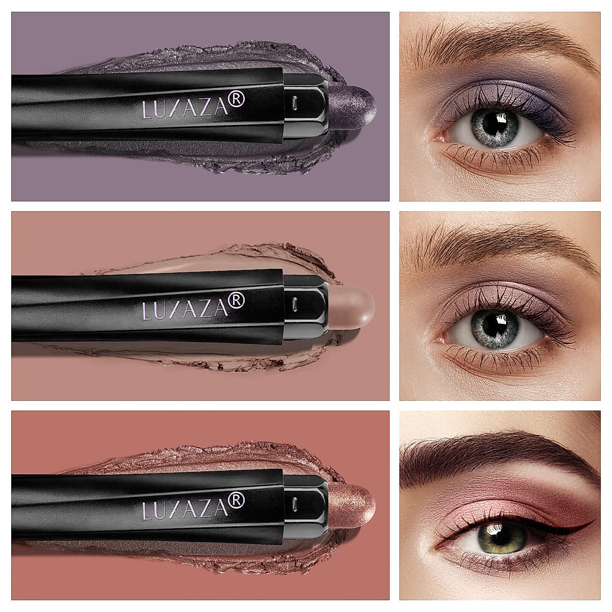 LUXAZA 3Pcs Eyeshadow Stick Set, Matte And Shimmer Creamy Eyeshadow Pencil,Eye Brightener Stick,Nude Caramel Grayish Purple Shadow Stick Set, Waterproof Long Lasting Smoky Highlighter Eye Makeup