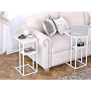 Yusong C Shaped End Table, Small Side Tables Slide Under Sofa Couch Bed, Small TV Tray Bedside Table for Small Spaces, Living Room, Bedroom, White
