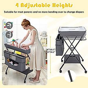 Costzon Portable Baby Changing Table, Height Adjustable Mobile Nursery Station with Waterproof Surface, Safety Belt, Lockable Wheels, Large Storage, Folding Diaper Station for Newborn Infant (Grey)