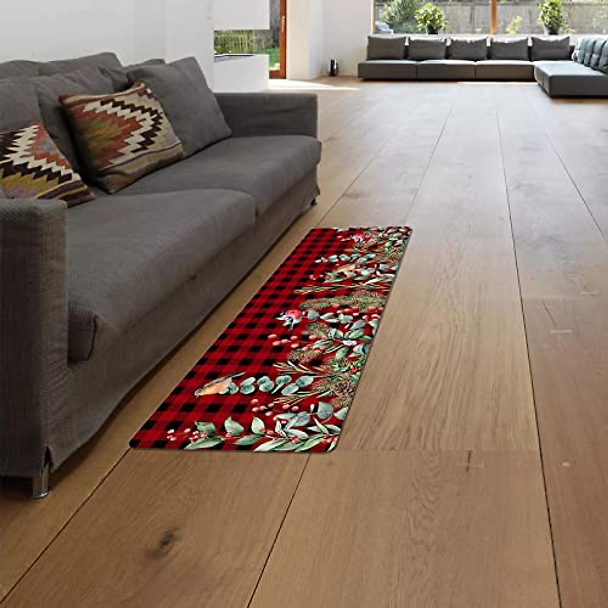 Kitchen Mat Rug Set of 2 Christmas Winter Eucalyptus Plants Red Black Buffalo Plaid Runner Rug Anti-Fatigue Comfort Memory Foam Standing Mat Non-Slip Floor Door Mat for Bedroom 18x30in+18x48in