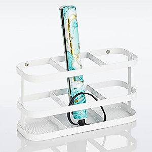 mDesign 3-Section Oval Bathroom Wall Mounted Hair Tool Storage Organizer - Metal Accessory Basket - Hanging Holder for Hair Dryer, Straightener, and Curling Iron - Carson Collection - White