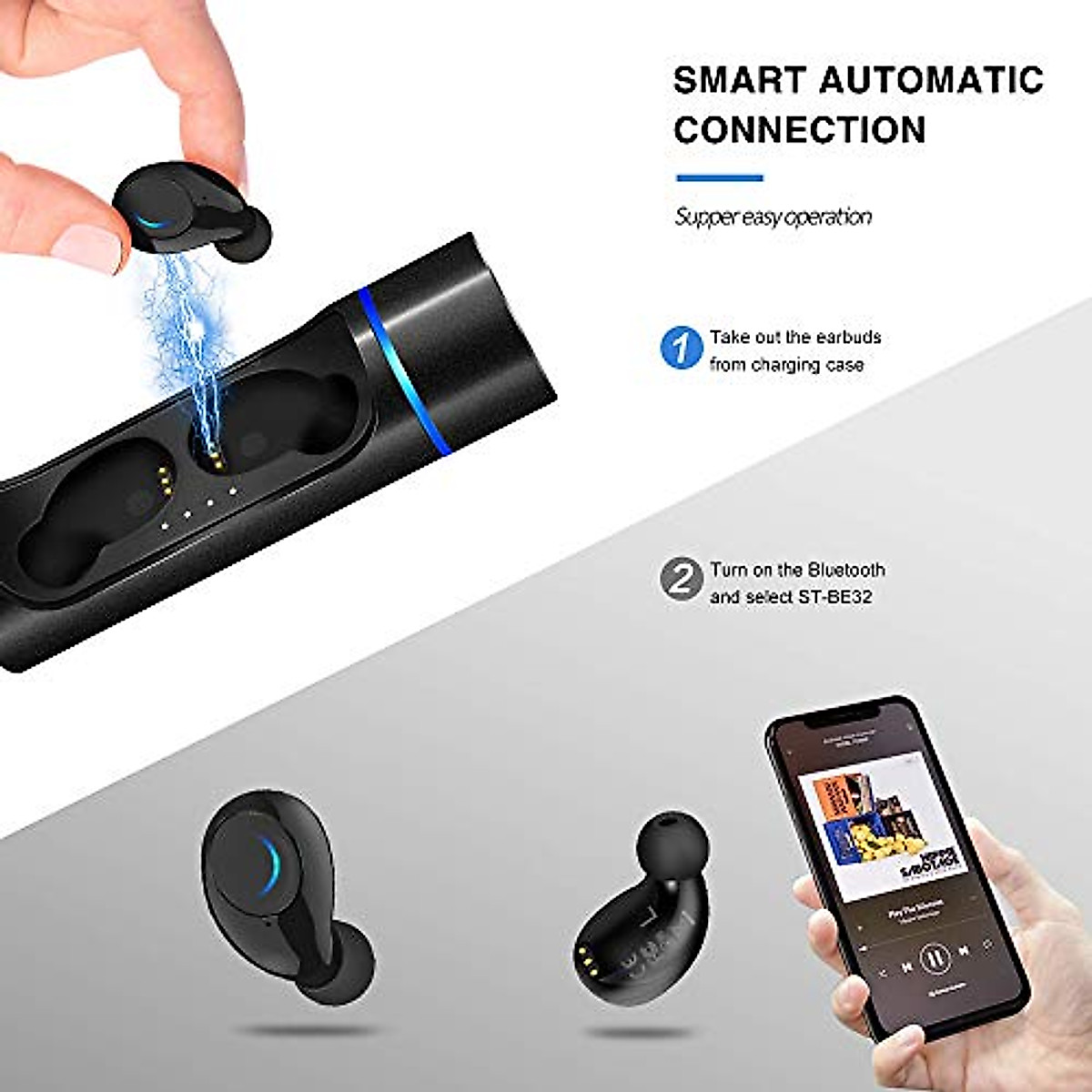 True Wireless Earbuds, Bluetooth Earphone 3D Stereo Sound In-ear Wireless Earbuds, Auto Pairing Sweatproof Wireless Earphones with Aluminum Alloy Charging Case, Built-in Mic & 3 Types of Tips(S,M,L)