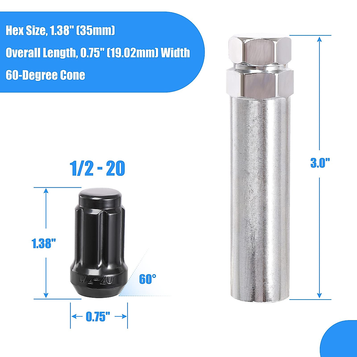 NPAUTO Wheel Lug Nuts 1/2'' x20 Thread, Conical Bulge Seat, Closed End Bulge Acorn Spline 1.38" Tall 3/4" Hex Fit for Wrangler, Ford Explorer F-150 Mustang, Impala, Dodge Dakota (Pack of 23+2, Black)