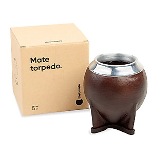 thebmate [Premium Yerba Mate Cup (Mate Gourd) - Crafted Ceramic Teacup – Dark Brown Leather Wrapped Handmade in Uruguay - Mate Torpedo - Torpedo Style