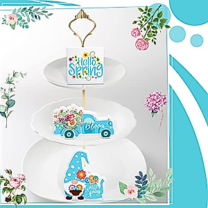 3 Pieces Hello Spring Tiered Tray Decor Easter Tiered Tray Decorations Rustic Spring Wooden Sign Farmhouse Mini Flower Bloom Table Signs for Spring Parties Holidays Table Home Room Decorations