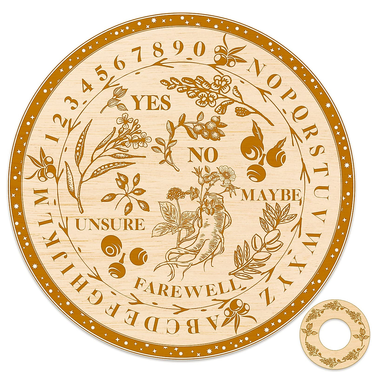 Wooden Spirit Board Pendulum Board Herbal Round Spirit Board Floral Talking Board Game Plants Flowers Witchcraft Decor Wood Divination Tools for Altar, Spirit Hunt, Occult Practice